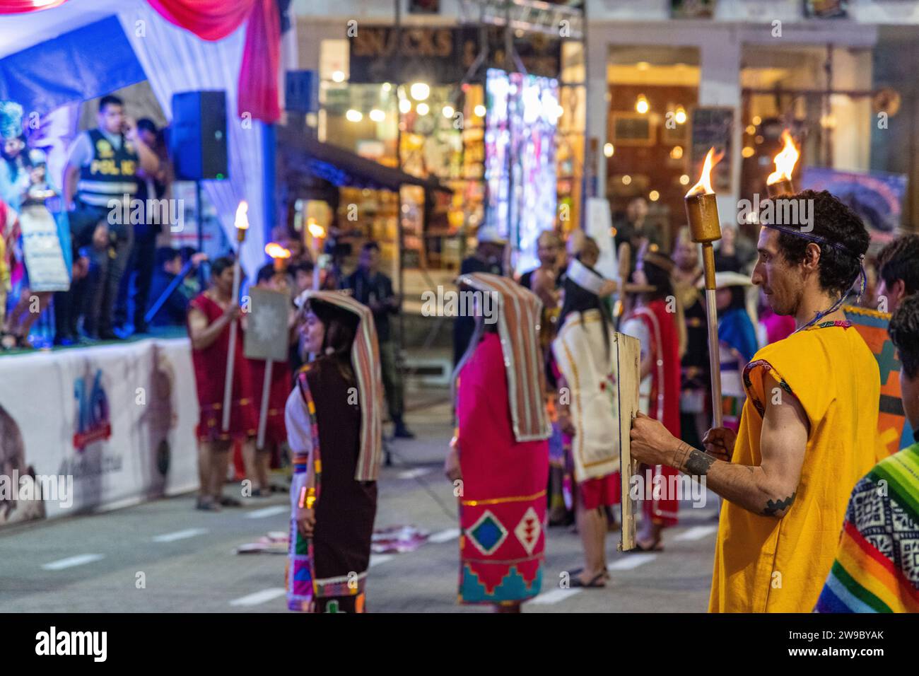 A ceremony procession in Aguas Calientes, Peru, celebrating the ...