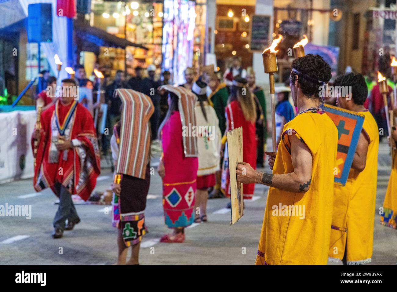 A ceremony procession in Aguas Calientes, Peru, celebrating the ...