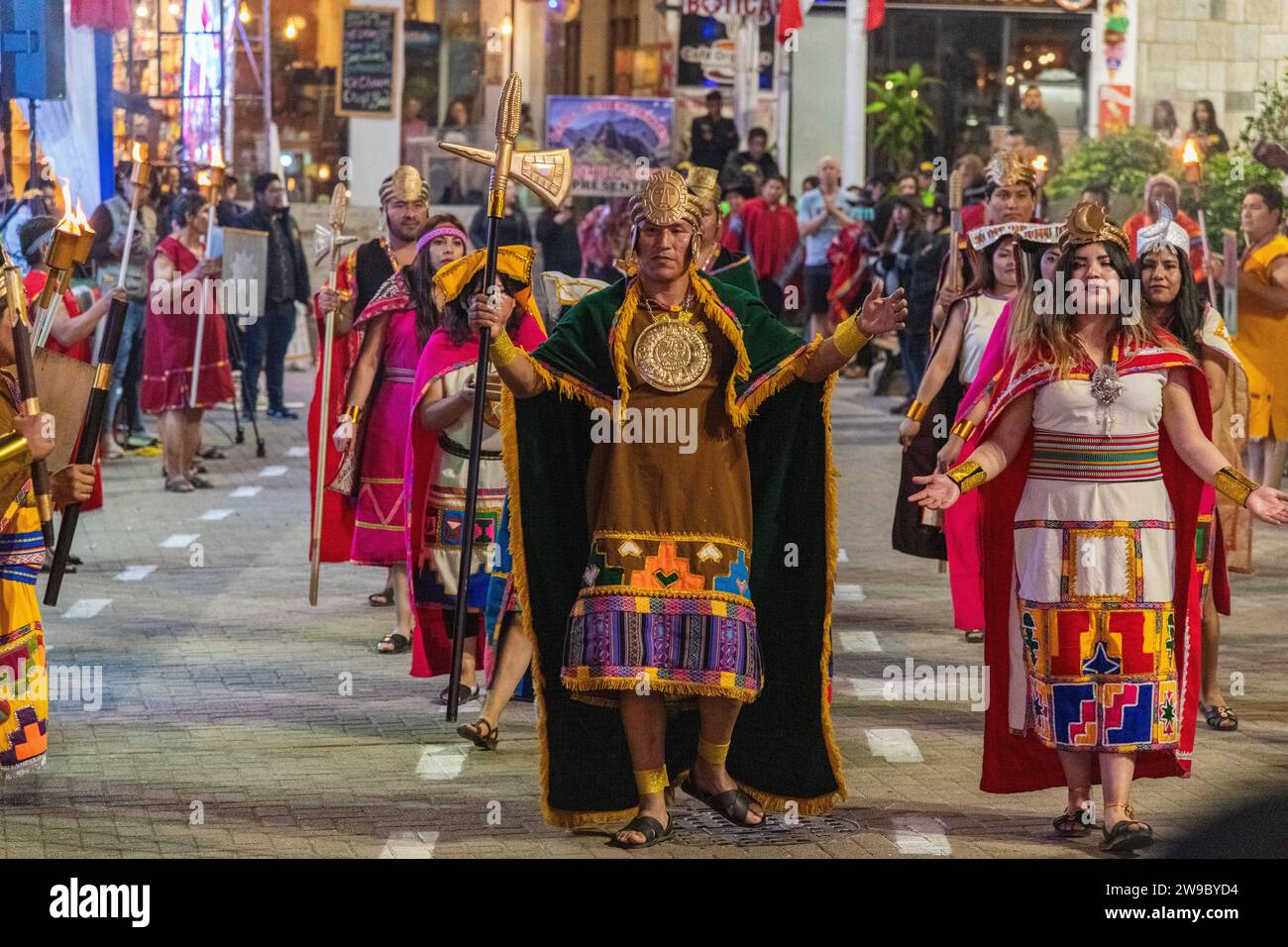 A ceremony procession in Aguas Calientes, Peru, celebrating the ...