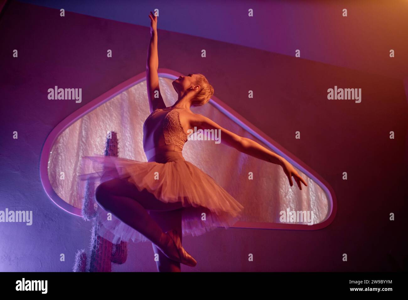 Ballerina standing on one leg with outstretched arms showing ballet ...