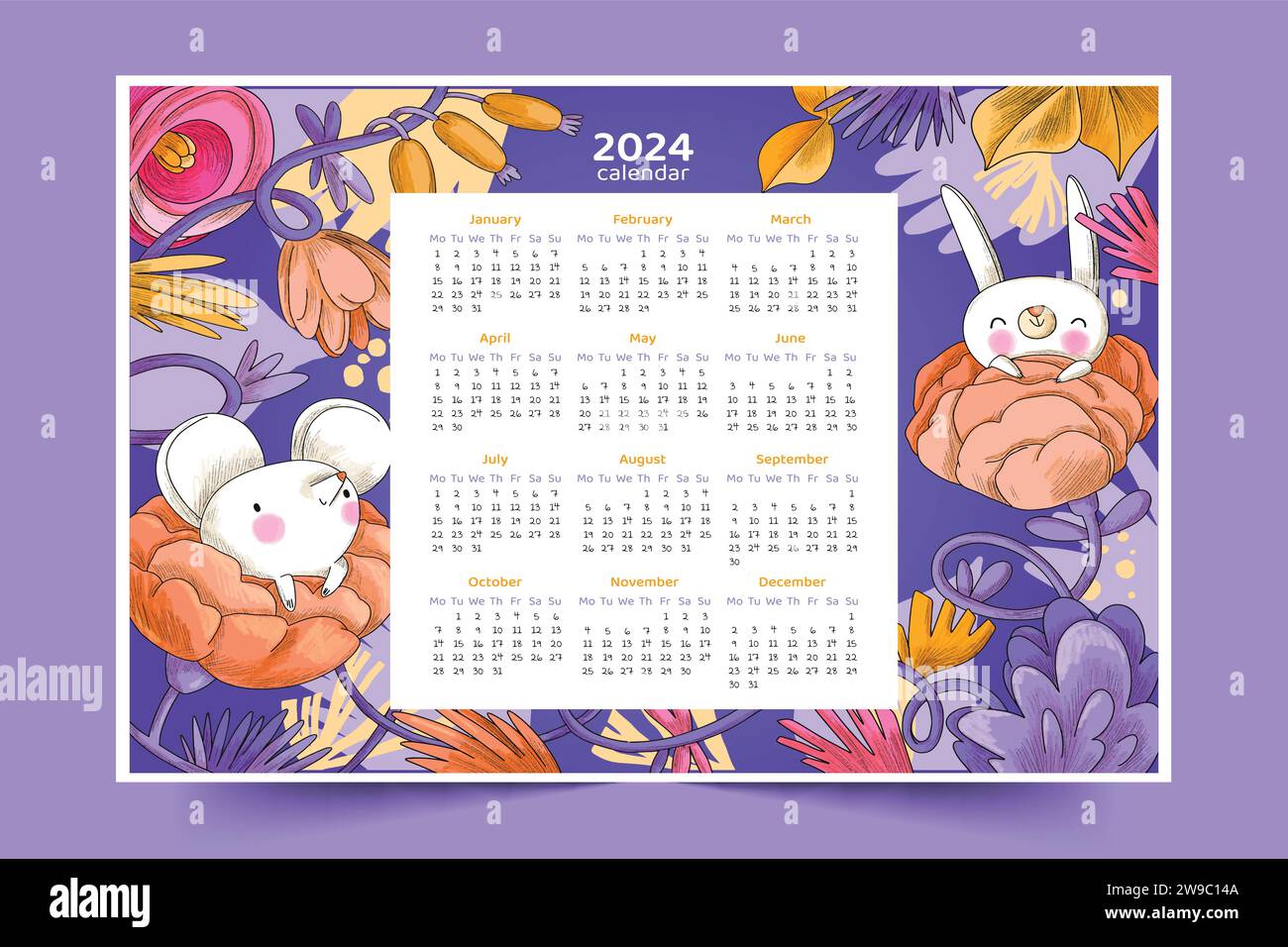 hand drawn 2024 calendar template design vector illustration Stock ...