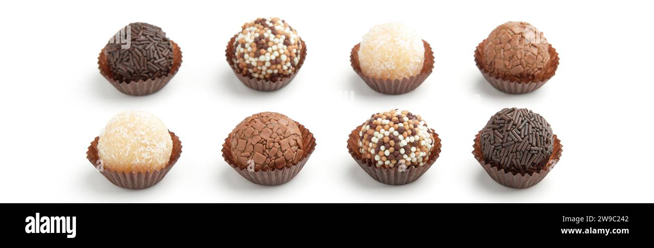 Typical Brazilian sweet brigadeiro. Assorted flavors of candies on a ...