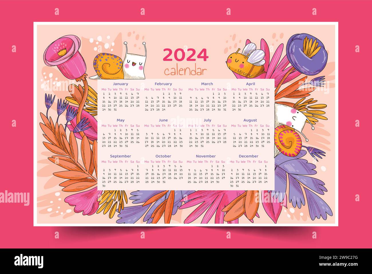 hand drawn 2024 calendar template design vector illustration Stock ...