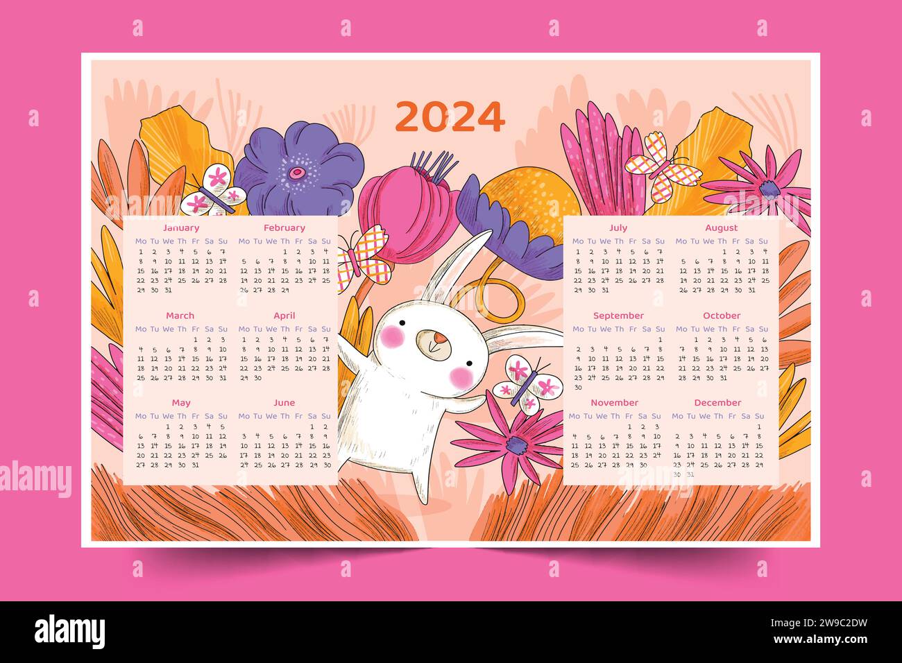hand drawn 2024 calendar template design vector illustration Stock ...