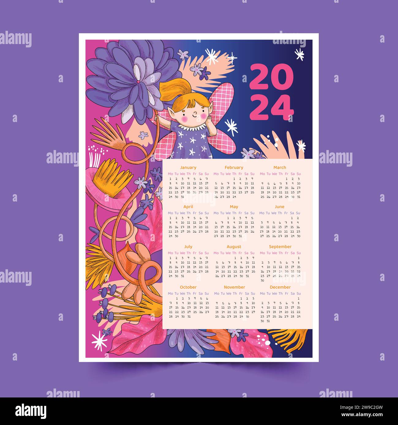 hand drawn 2024 calendar template design vector illustration Stock ...