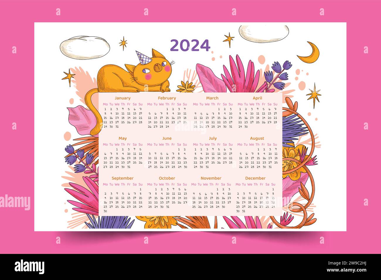 hand drawn 2024 calendar template design vector illustration Stock ...