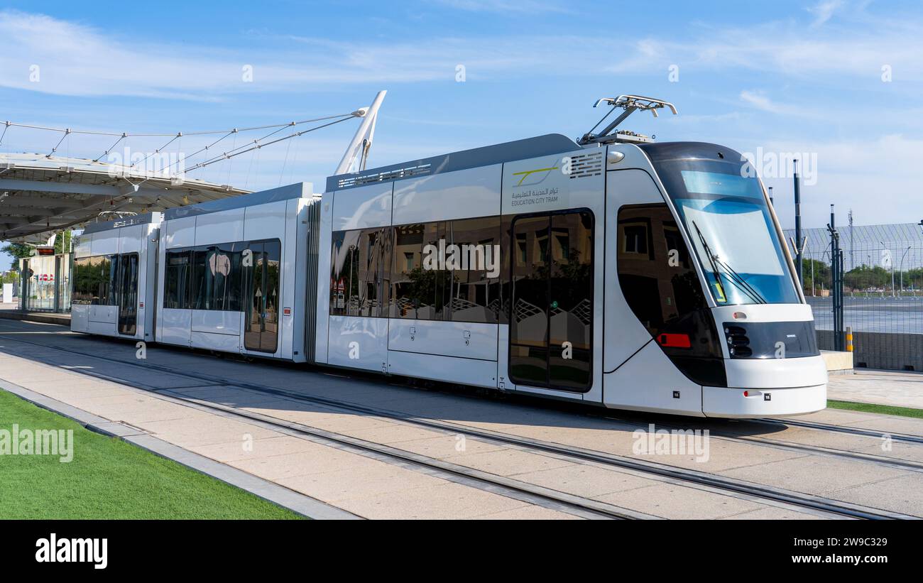 Doha, Qatar - December 12, 2023 : yellow line tram at education city ...