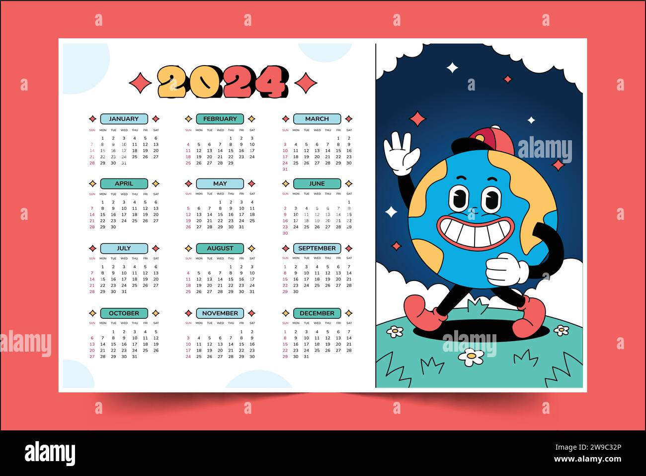 hand drawn 2024 calendar template design vector illustration Stock ...