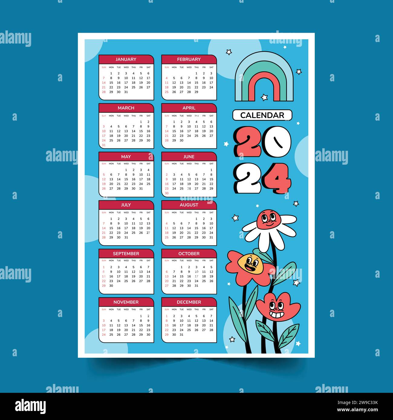 hand drawn 2024 calendar template design vector illustration Stock ...