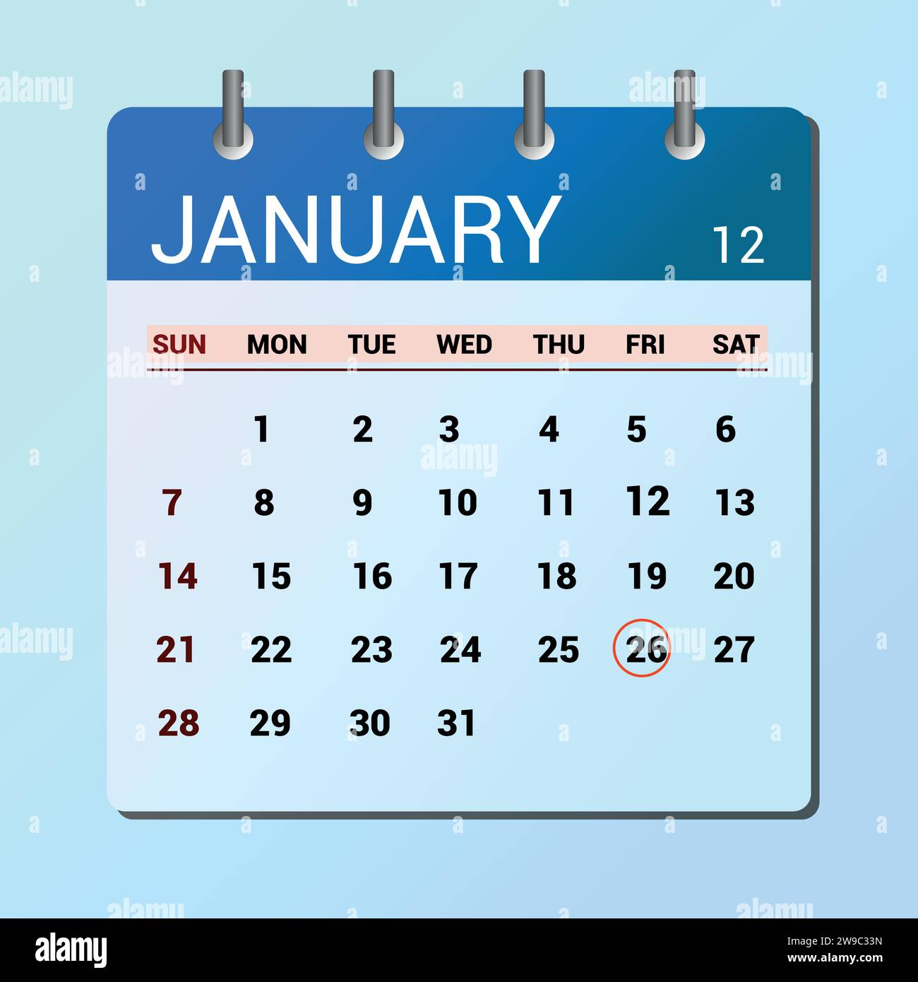 January 26. Flat icon calendar isolated on blue background. Date and ...