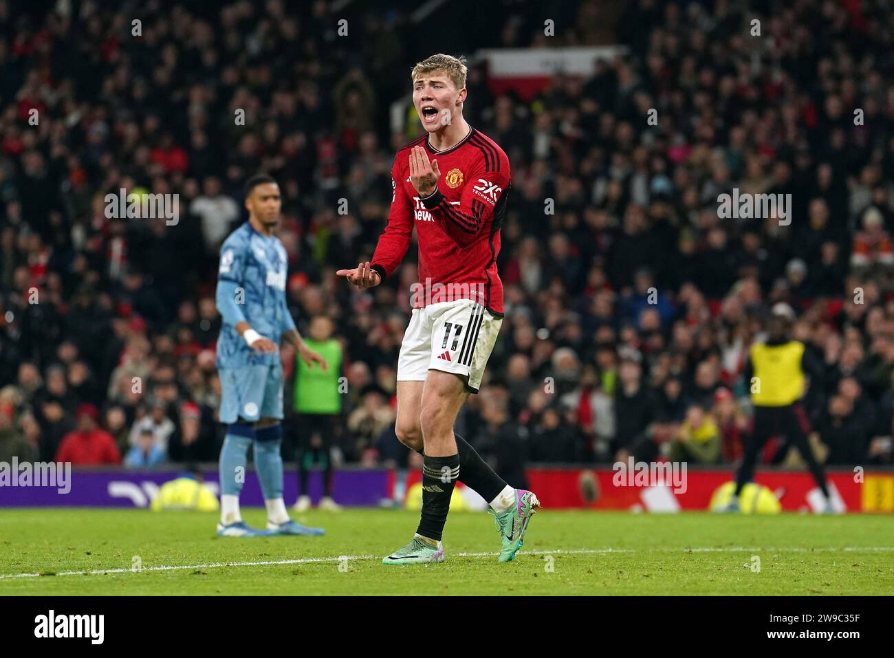 Manchester United's Rasmus Hojlund reacts after not receiving a pass from team-mate Alejandro ...