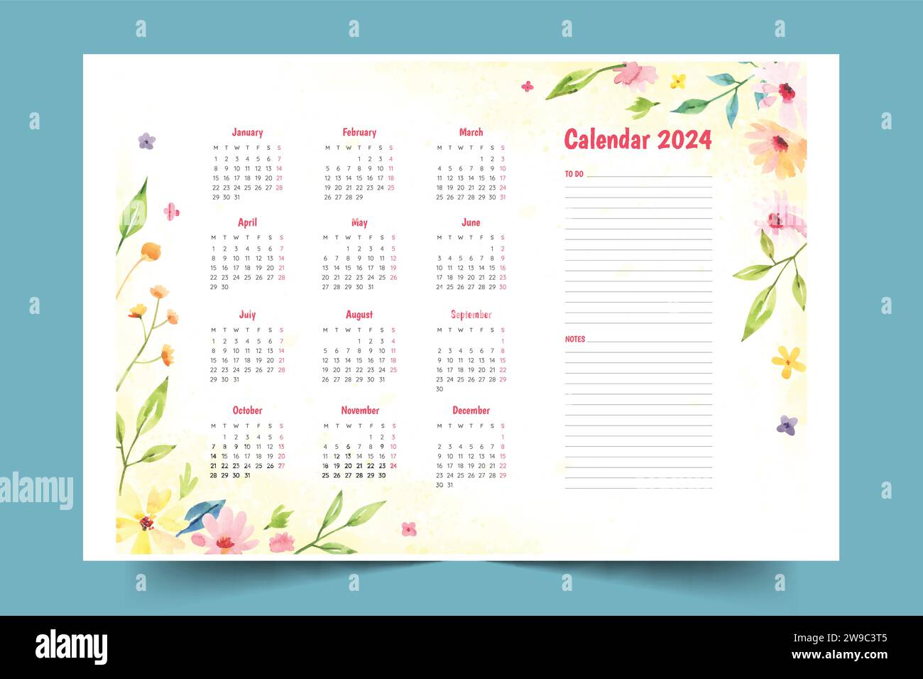 watercolor 2024 calendar template design vector illustration Stock ...