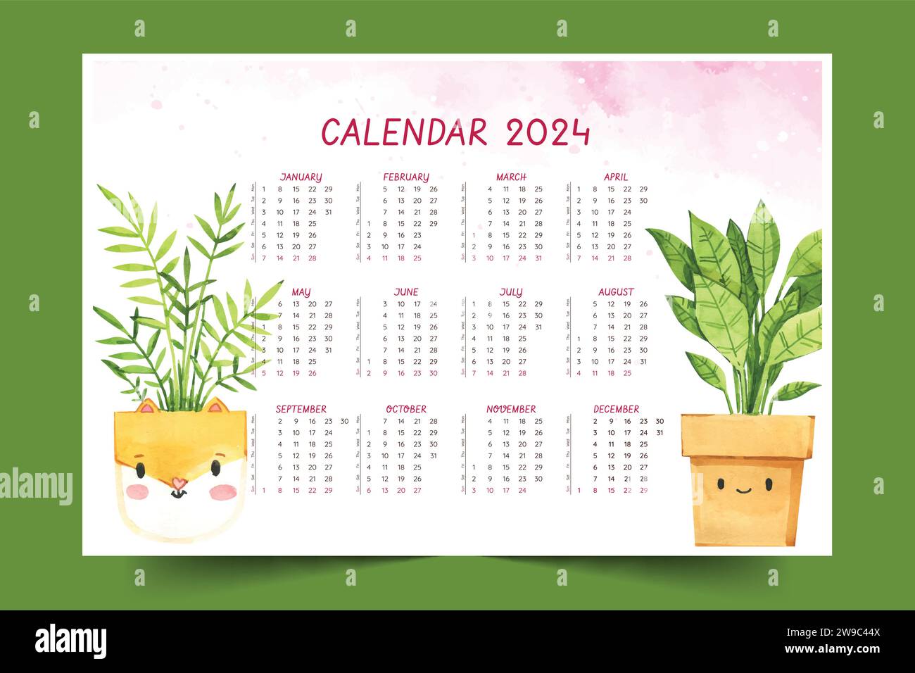watercolor 2024 calendar template design vector illustration Stock ...
