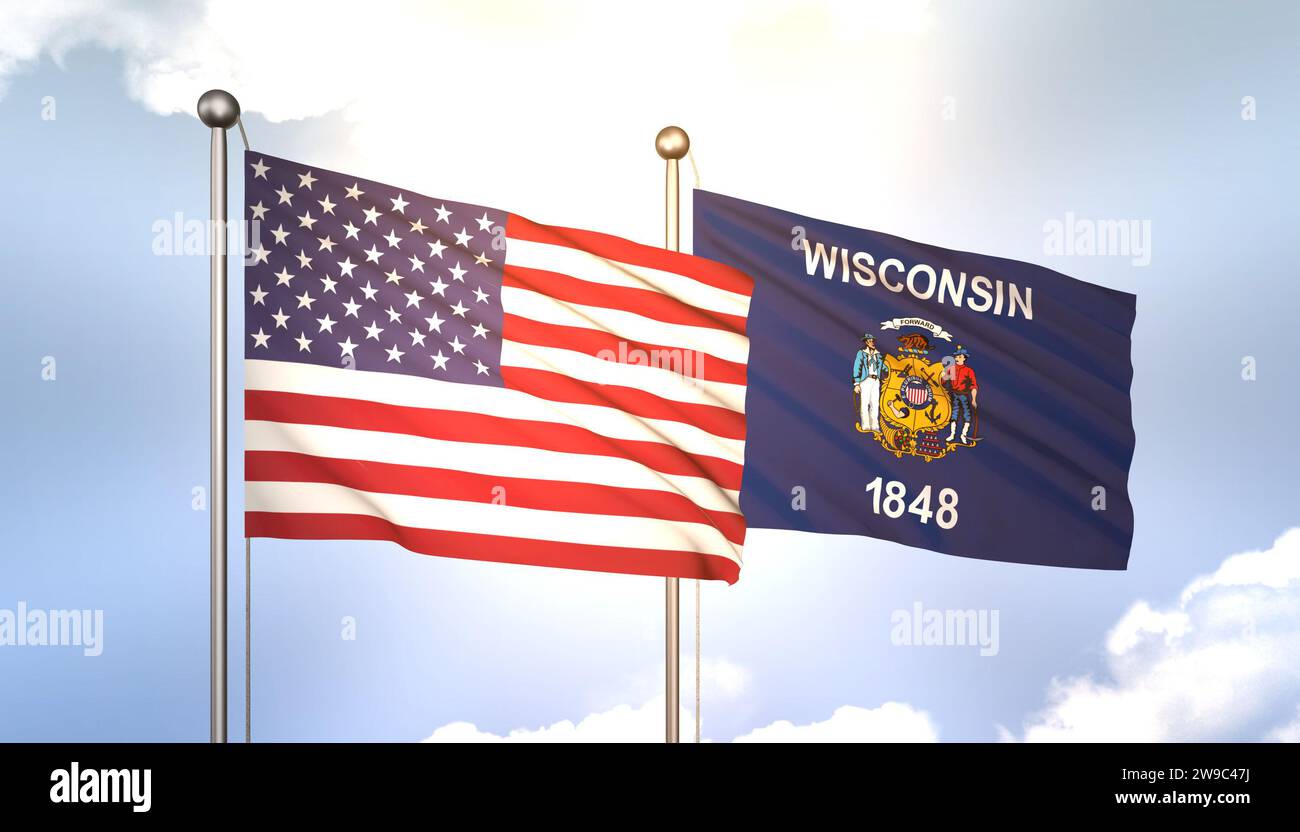 3D Waving Wisconsin and USA Flags on Blue Sky with Sun Shine Stock ...