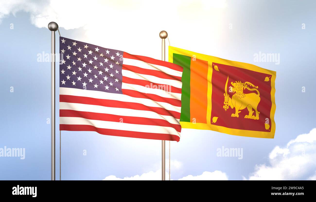 3D Waving Sri Lanka and USA Flags on Blue Sky with Sun Shine Stock ...
