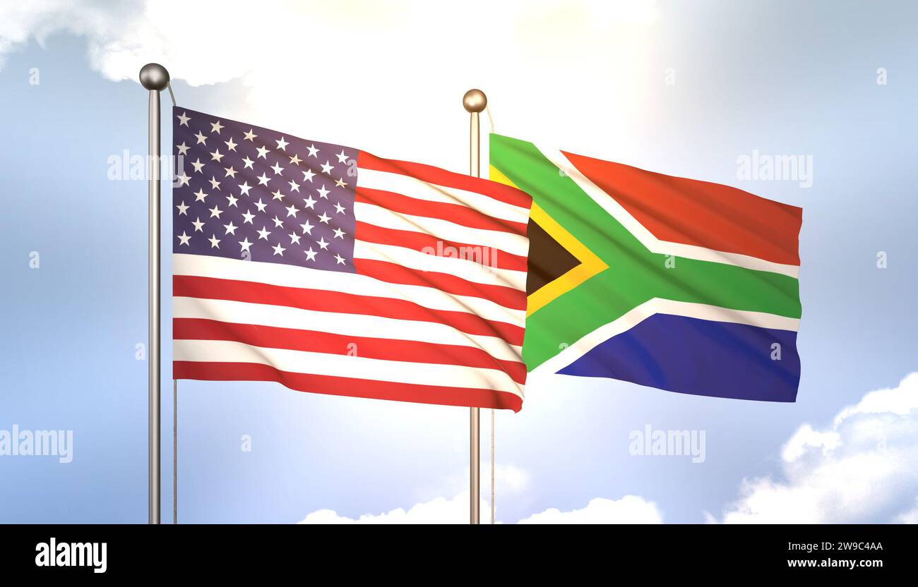 3D Waving South Africa and USA Flags on Blue Sky with Sun Shine Stock ...