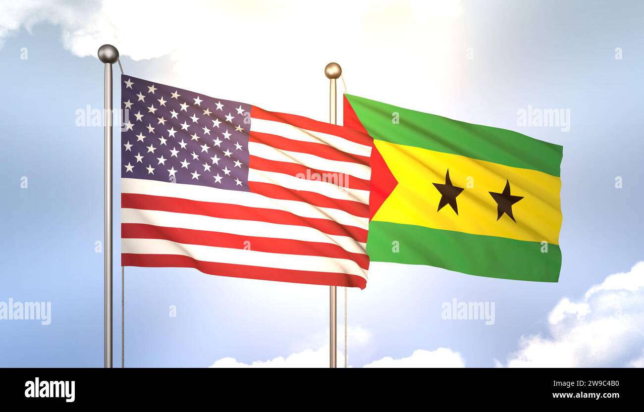 3D Waving Sao Tomé and Principe and USA on Flagpole on Blue Sky with ...