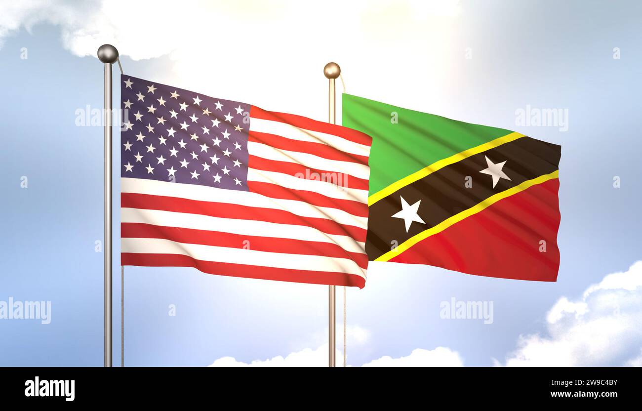 3D Waving Saint Kitts and Nevis and USA on Flagpole on Blue Sky with ...