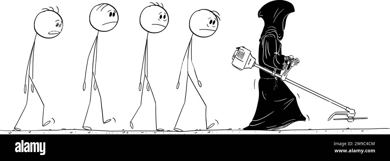Grim Reaper or Death With Grass or Brush Cutter,Vector Cartoon Stick ...