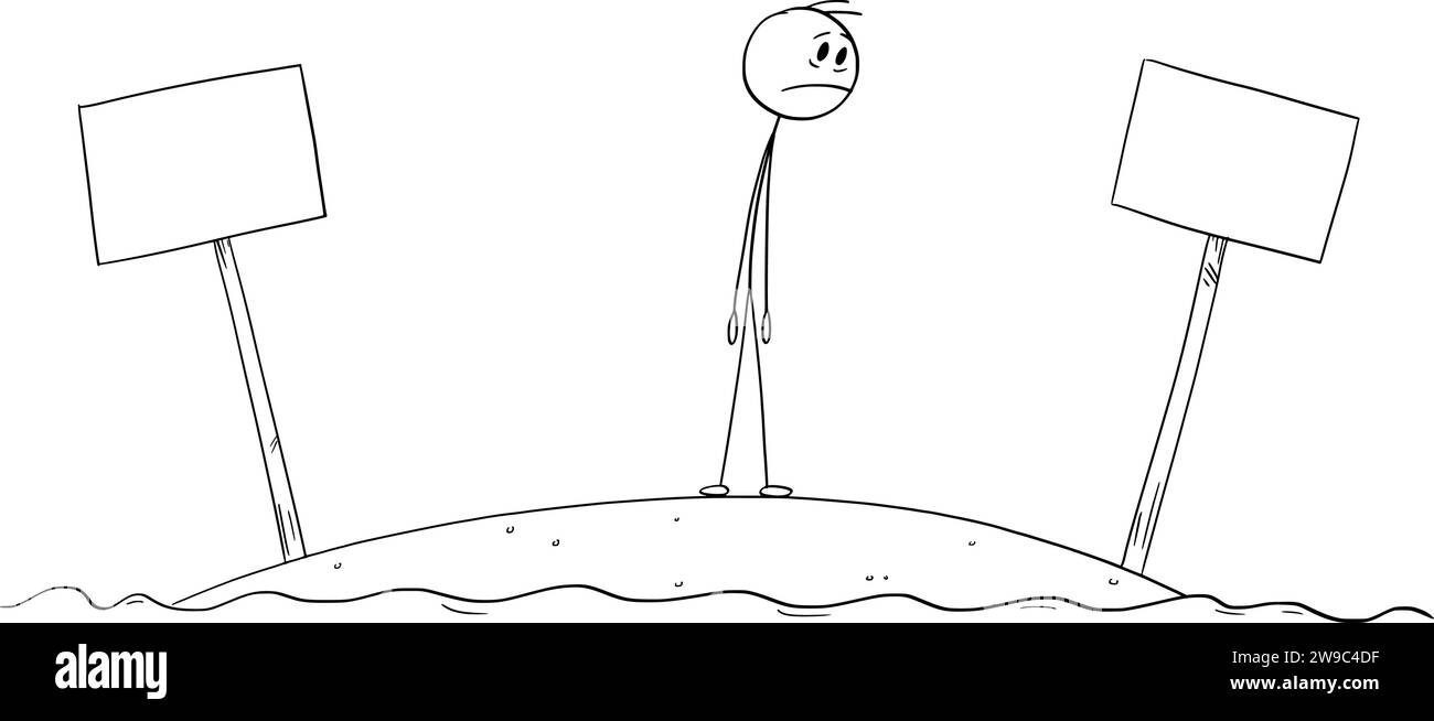 Person Trapped on Small Island with Empty Signs, Vector Cartoon Stick ...
