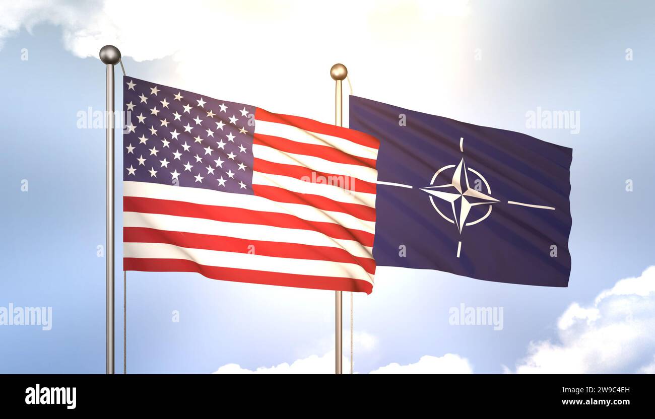 3D Waving Nato and USA on Flagpole on Blue Sky with Sun Shine Stock ...