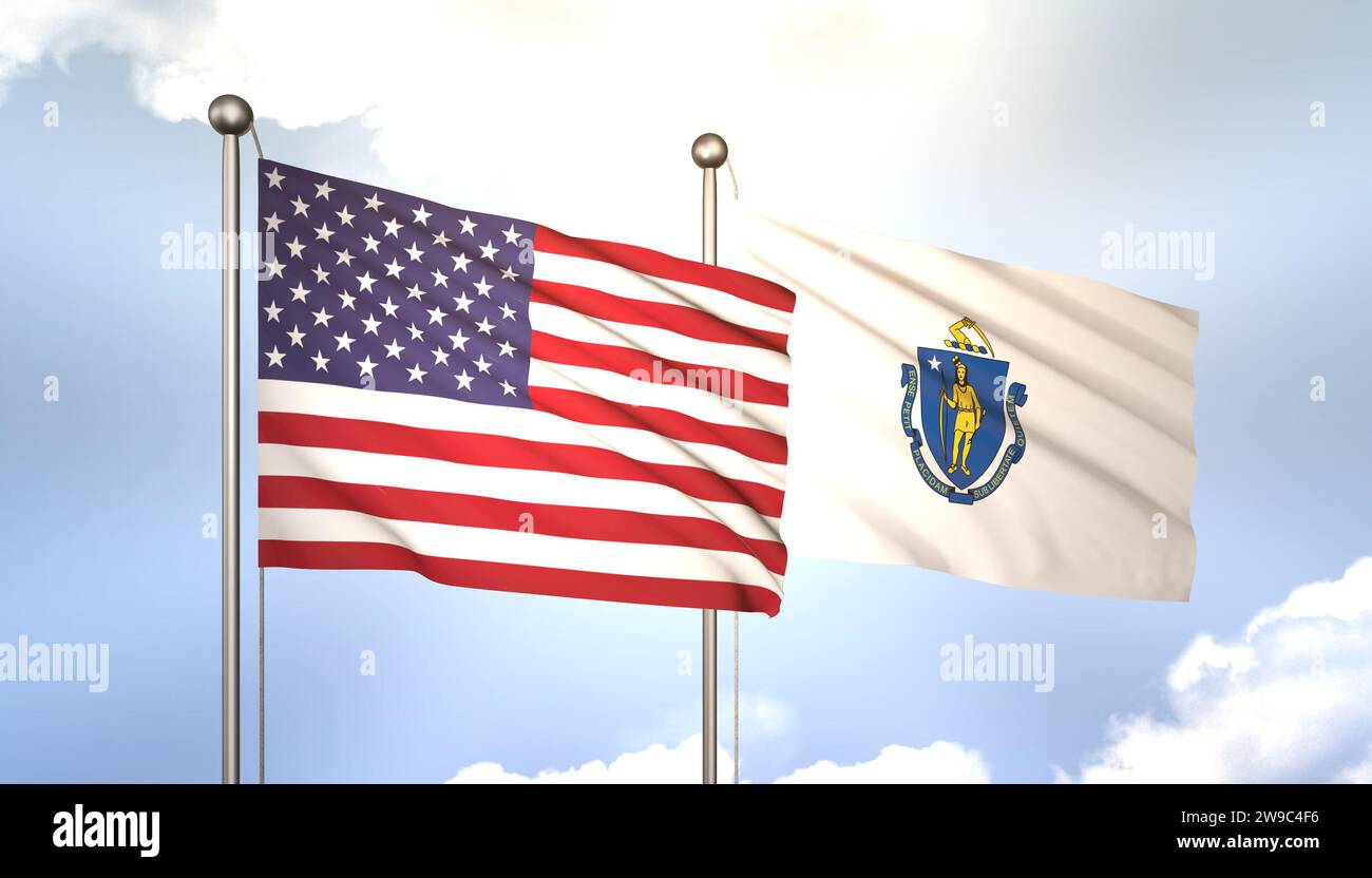 3D Waving Massachusetts and USA on Flagpole on Blue Sky with Sun Shine ...