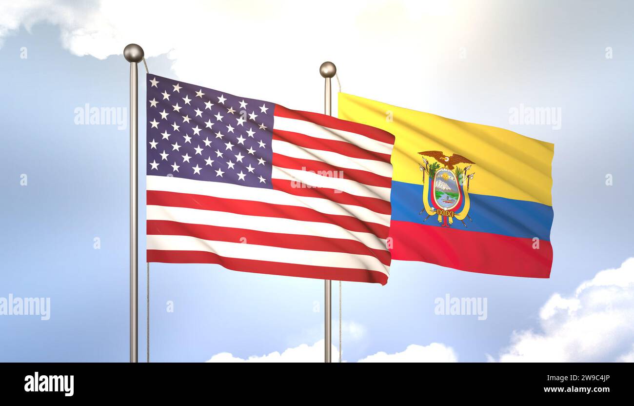 3D Waving Ecuador and USA on Flagpole on Blue Sky with Sun Shine Stock ...
