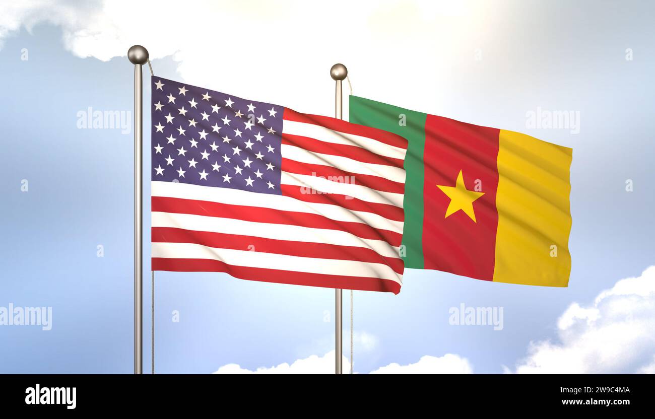 3D Waving Cameroon and USA on Flagpole on Blue Sky with Sun Shine Stock ...