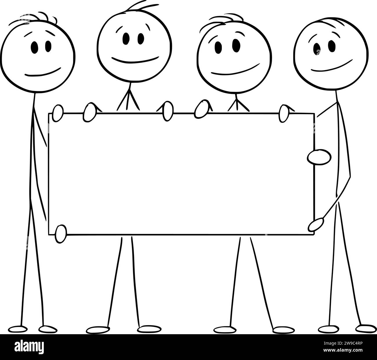 Team of Businessmen Holding Empty Sign, Vector Cartoon Stick Figure ...