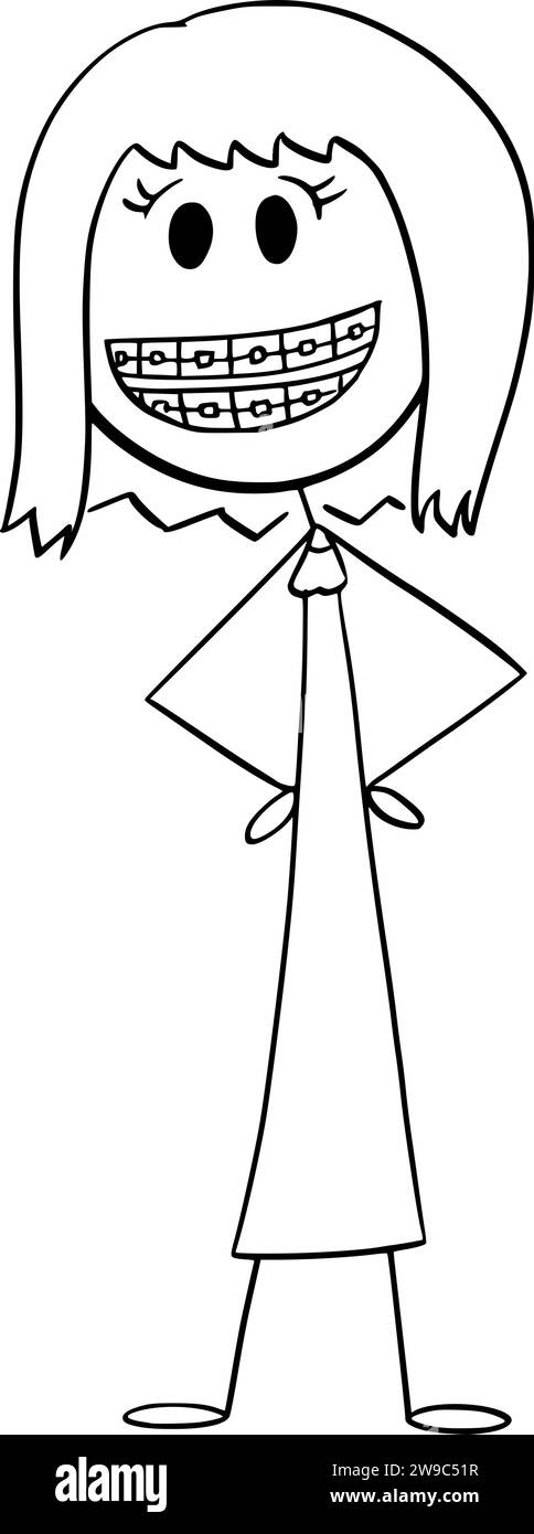 Smiling Woman or Girl with Braces, Vector Cartoon Stick Figure ...