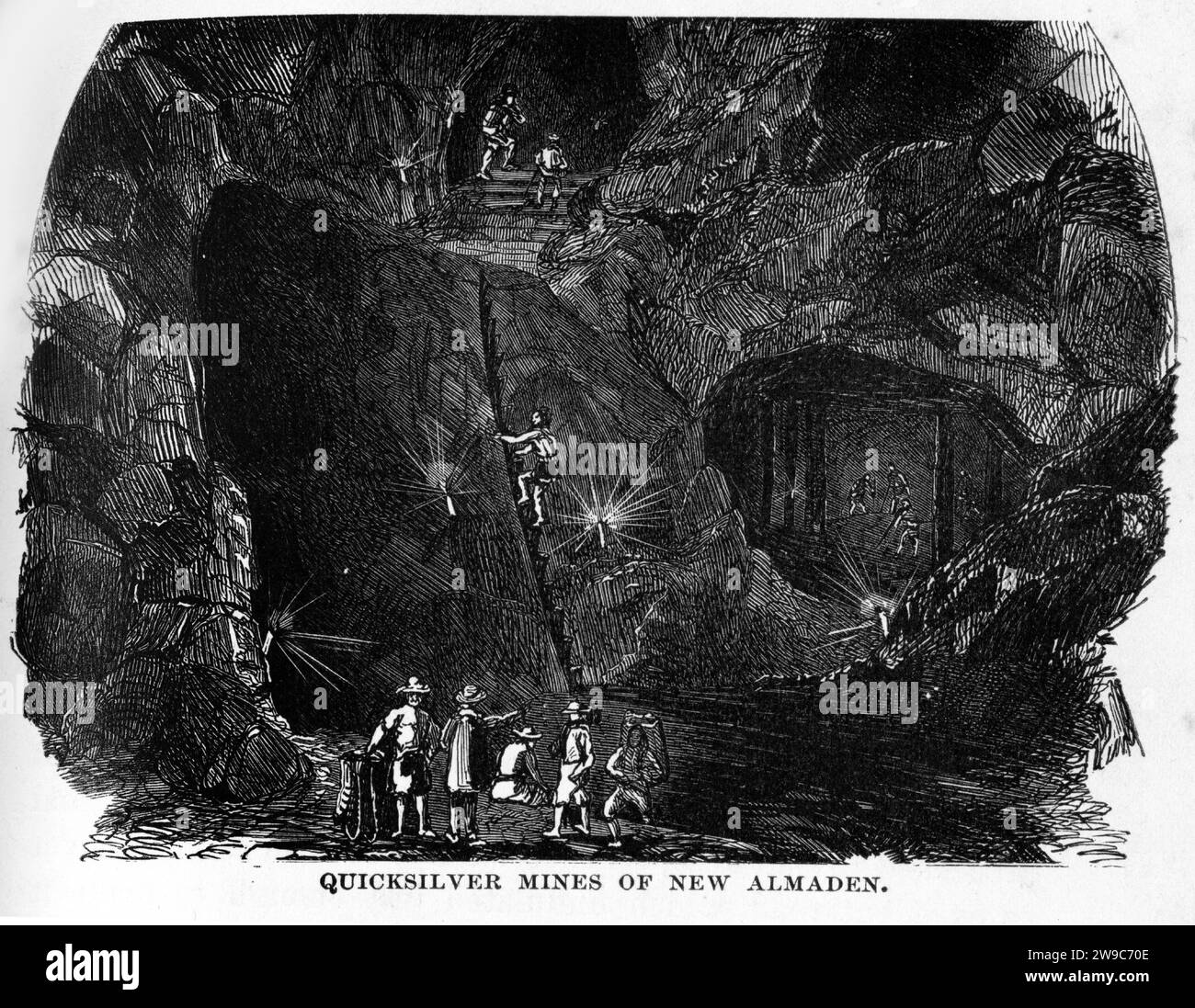 Engraving of men working the New Almaden Quicksilver Mine in California ...