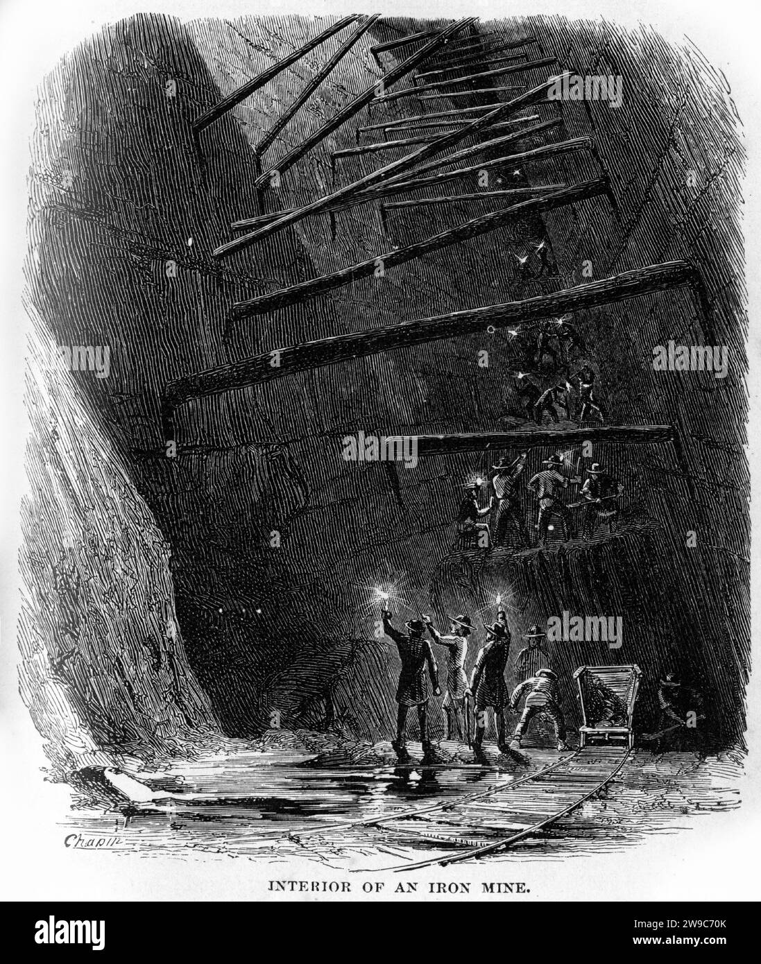 Engraving of the interior of an iron mine, from The Underground World, circa 1878 Stock Photo ...