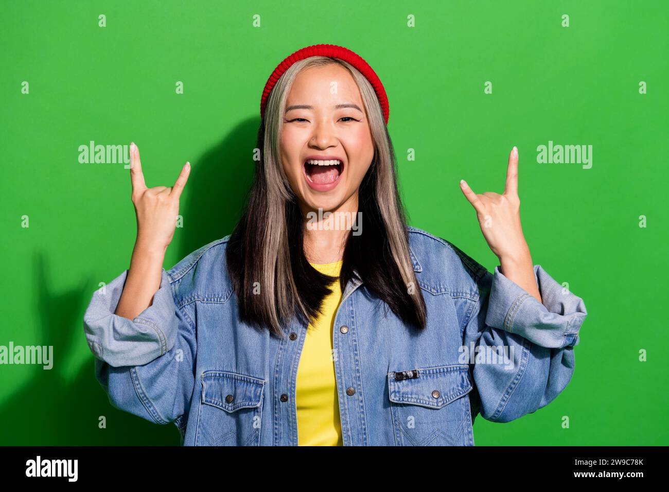 Photo of funky cool lady wear denim jacket scream showing hard rock ...