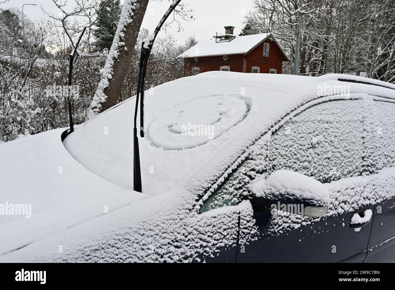 A cheerful car braves the freezing winter storm, its smiley face ...