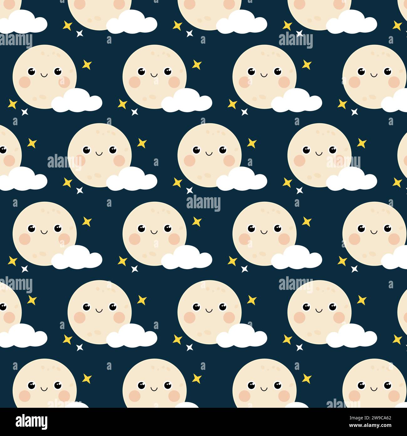 Cute seamless pattern with smiling moon character and clouds. Hand ...