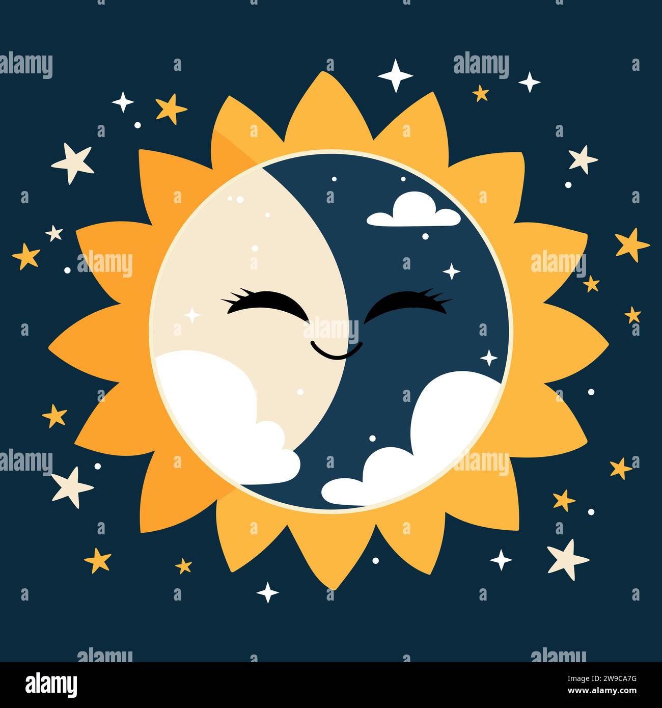 Cute solar eclipse concept design for kids. Smiling moon and sun ...
