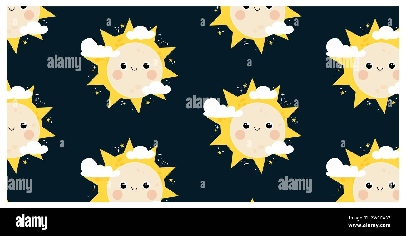 Hand drawn pattern design with cute smiling moon and sun. Seamless ...