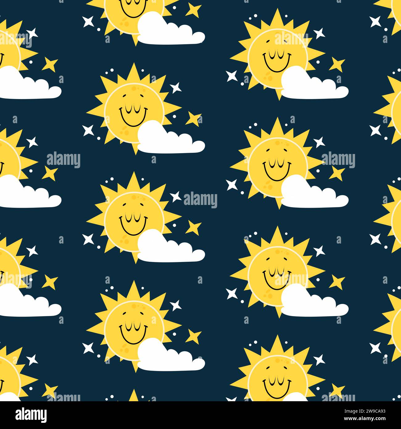 Hand drawn seamless pattern with smiling sun and clouds Stock Vector ...