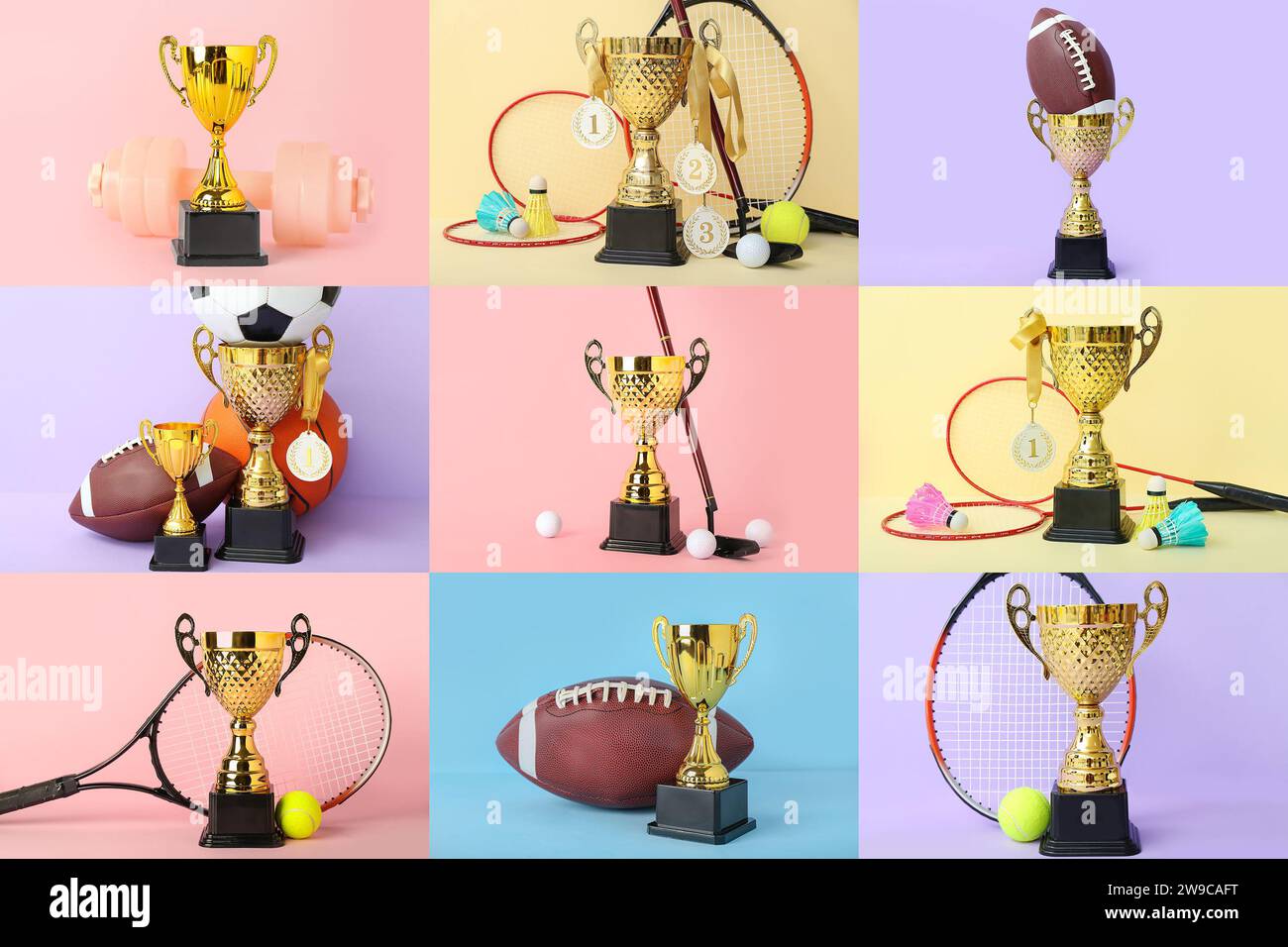 Collage of trophy cups, medals and sports equipment on color background ...