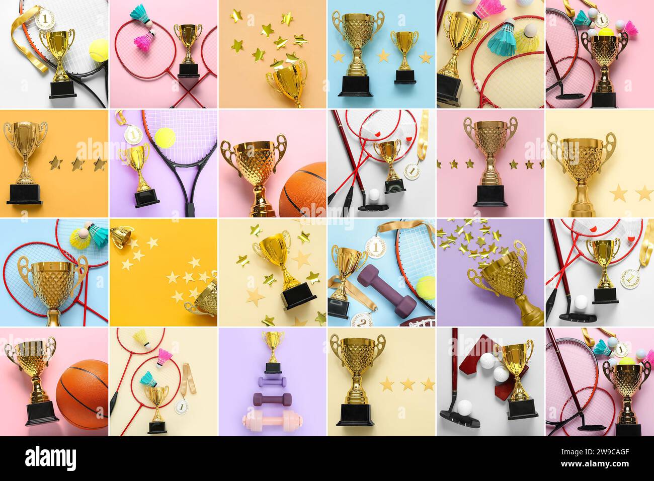 Collage of trophy cups, medals and sports equipment on color background ...