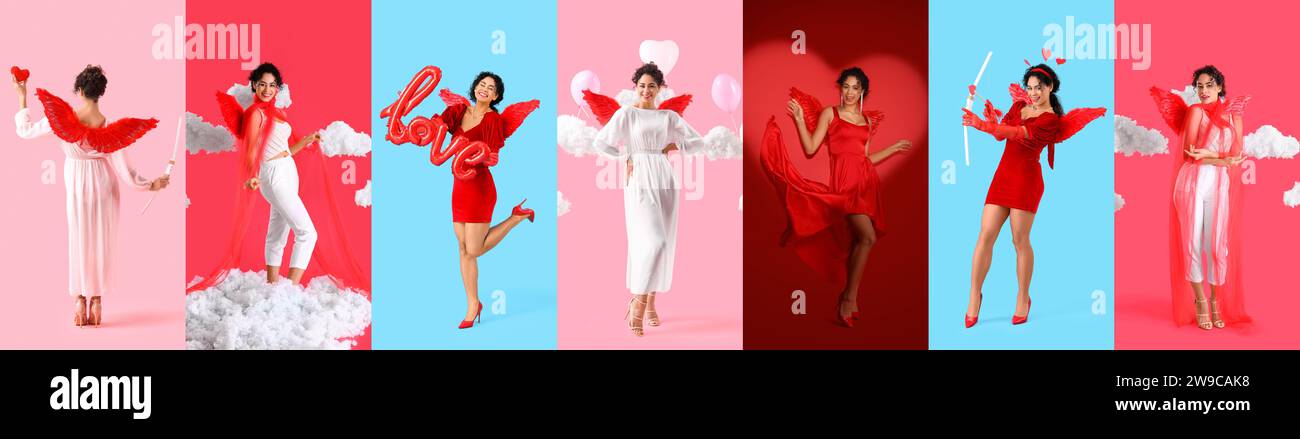 Collage of pretty young woman dressed as Cupid on color background ...