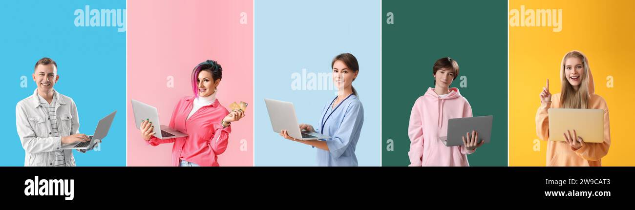 Collage of people with modern laptops on color background Stock Photo ...