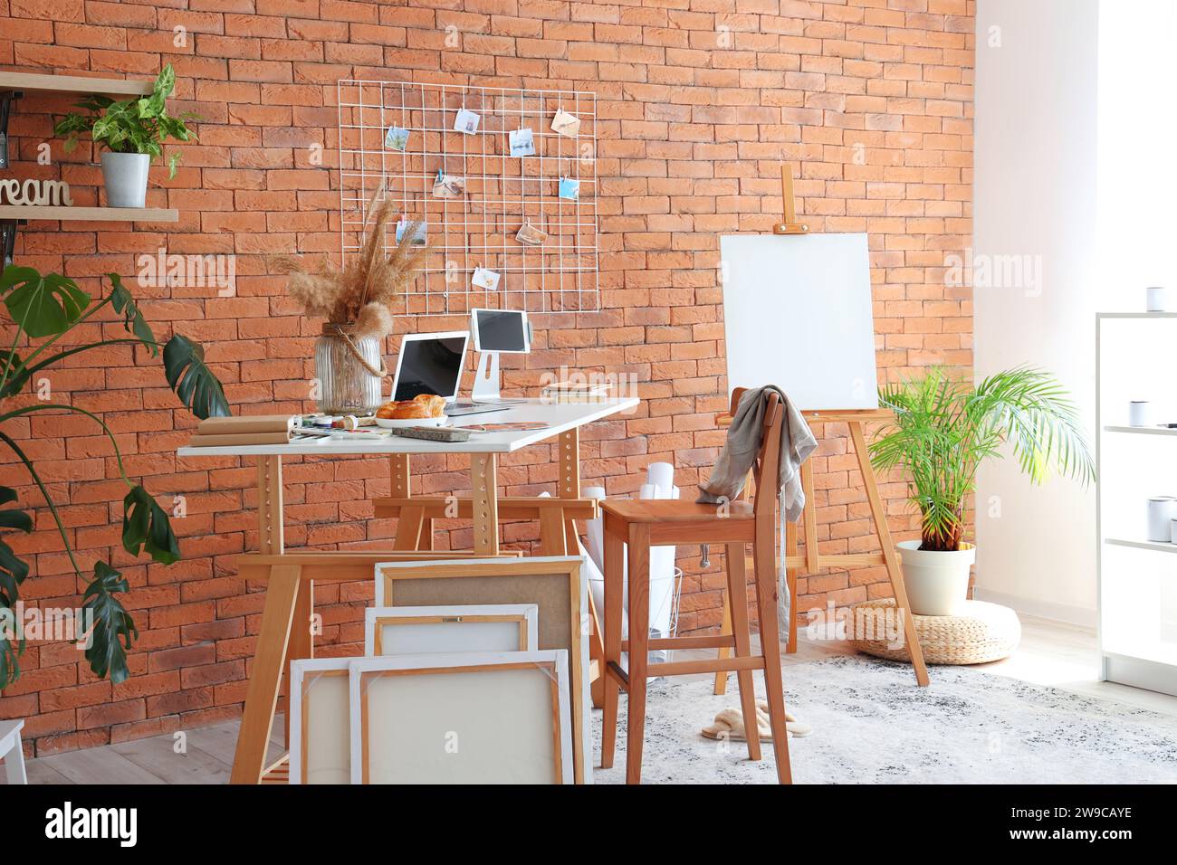 Interior of studio with artist's workplace and drawing supplies Stock ...