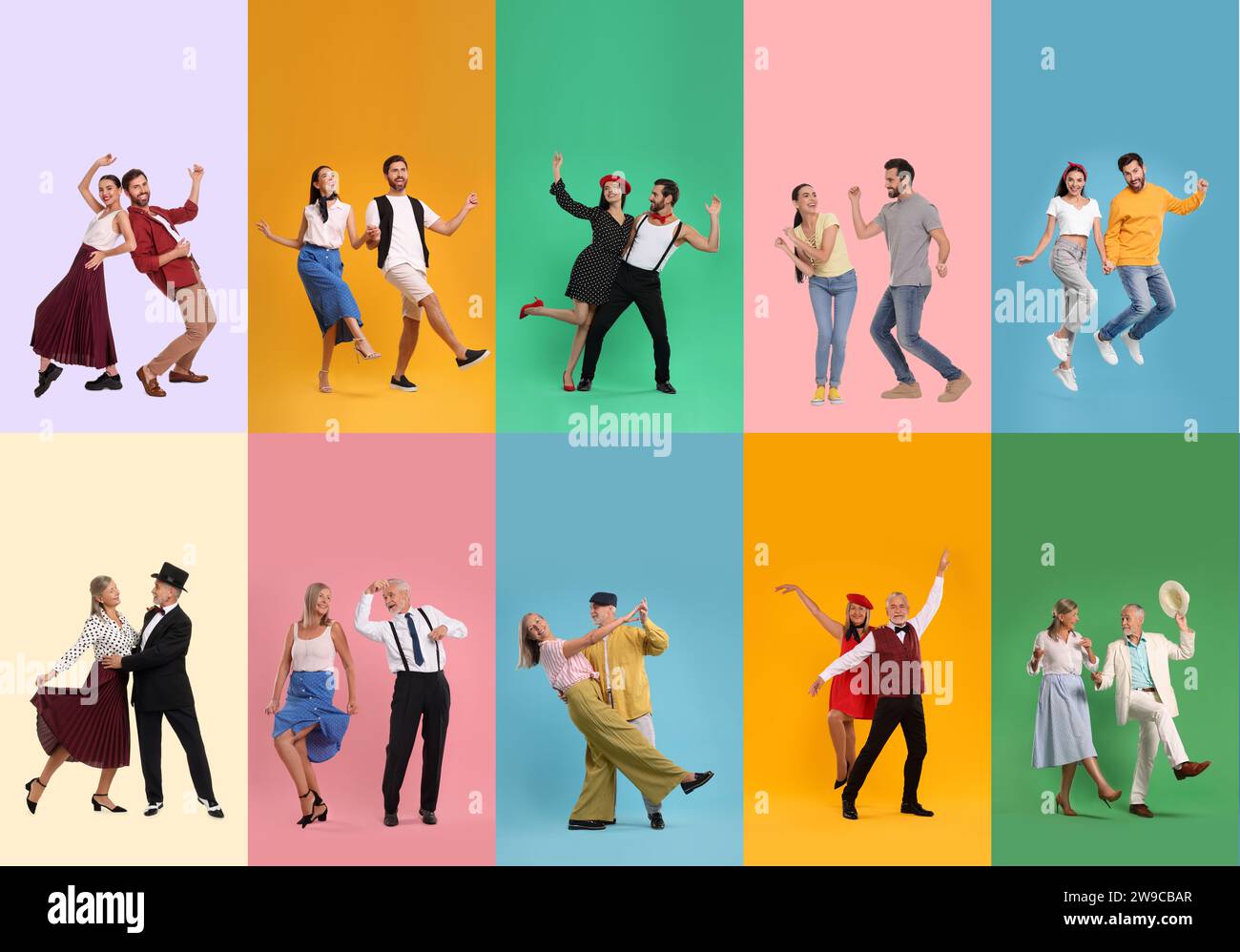 Romantic date. Different lovely couples dancing on color backgrounds ...