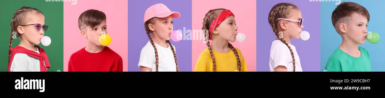 Cute children blowing bubble gums on color backgrounds, set of photos ...