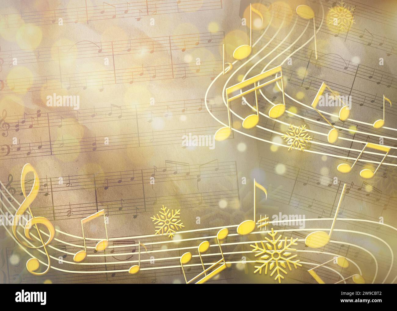 Treble clef, music notes, snowflakes and sheet with musical symbols ...