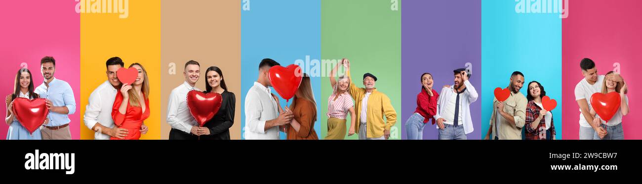 Romantic date. Different lovely couples on color backgrounds, set of ...