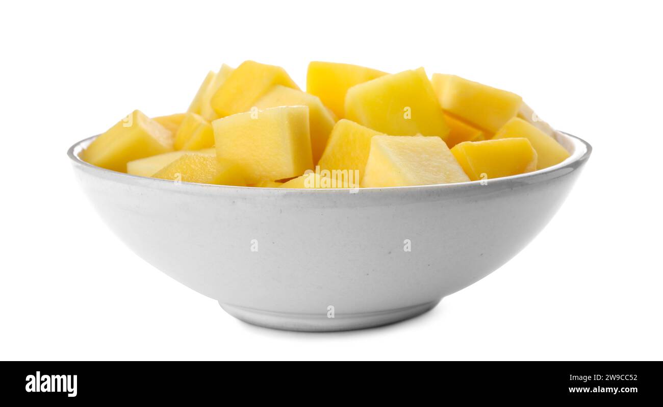 Tasty mango cubes in ceramic bowl isolated on white Stock Photo - Alamy