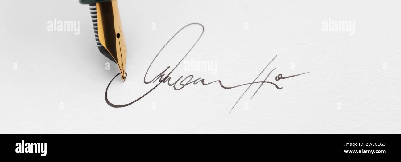 Signing on sheet of paper with fountain pen, closeup. Banner design ...