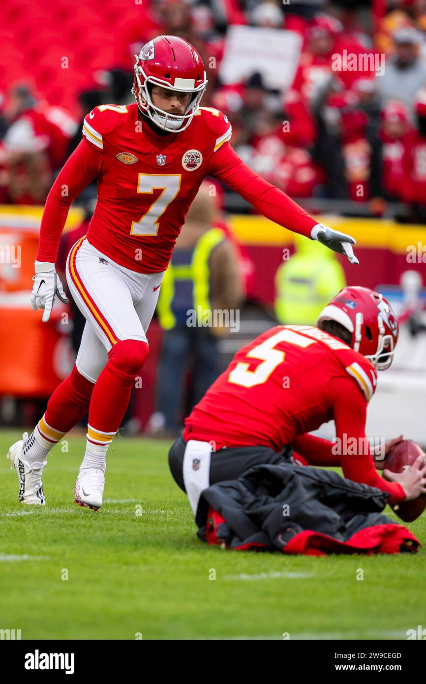 Kansas City Chiefs kicker Harrison Butker (7) goes through his kicking ...